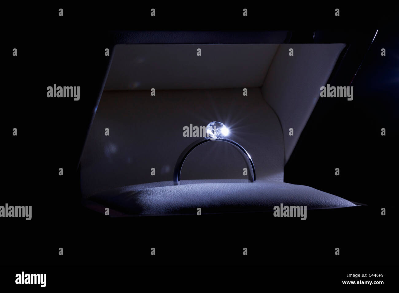 A spot lit engagement ring in a jewelry box, close-up Stock Photo - Alamy