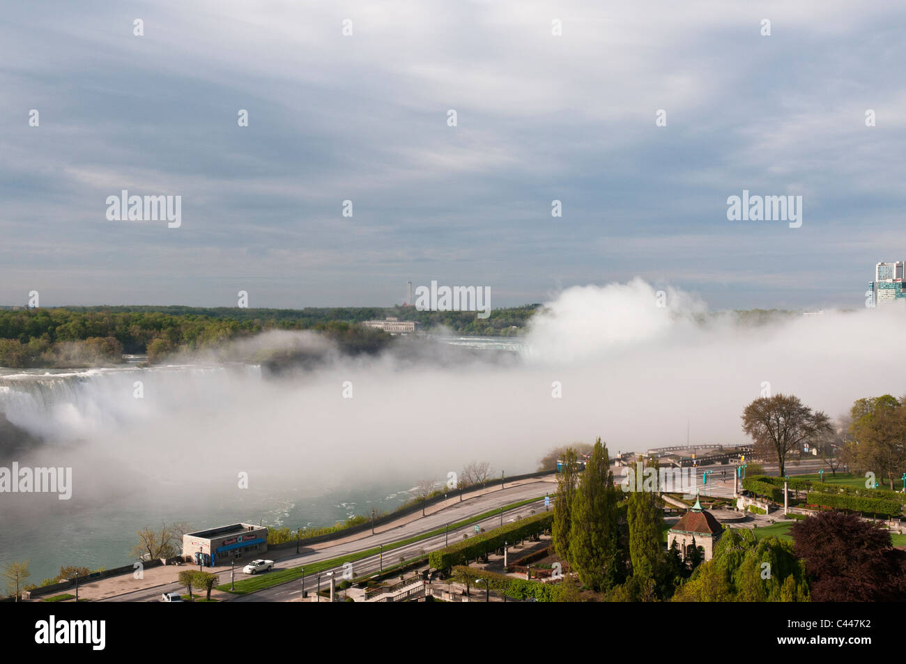 Heavy morning fog covers the American Falls, Horseshoe Falls and the ...