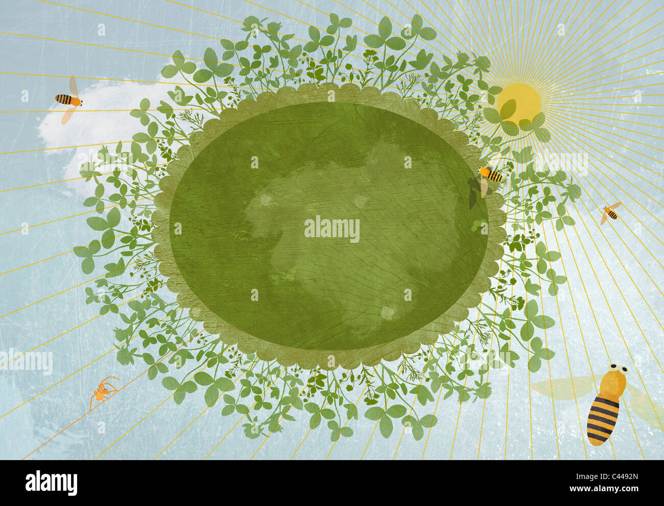 The sun, bees flying and grass growing on an oval Stock Photo - Alamy