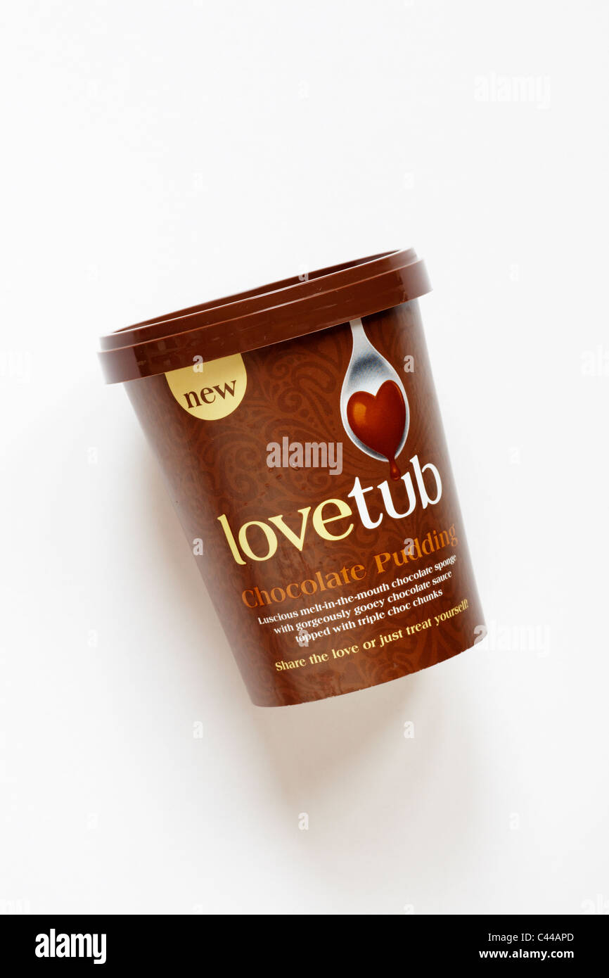 Tub of lovetub chocolate pudding isolated on white background Stock ...
