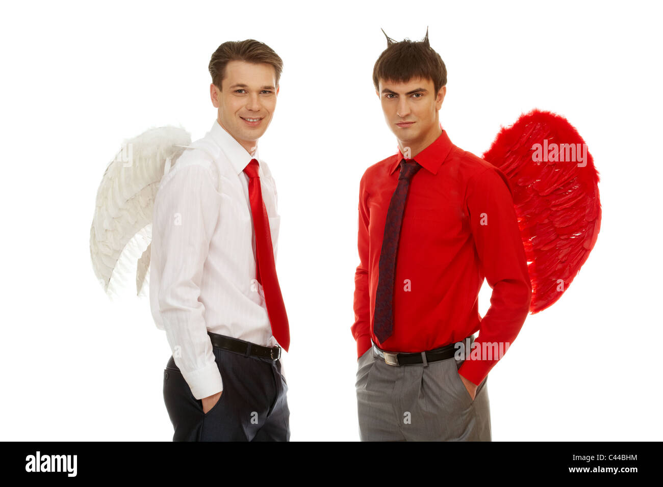Image of good and evil men looking at camera on white background Stock ...