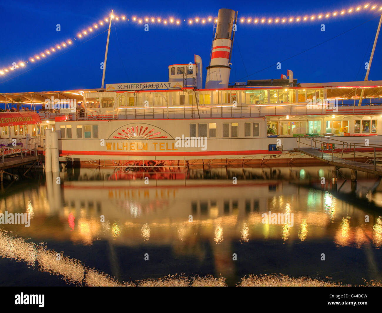 Evening, lights, colorful, paddle steamer, steamboat, ship, reflexion ...