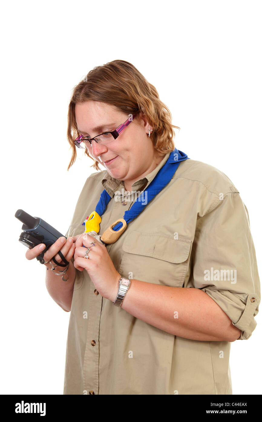 Dutch female scout with gps navigation over white background Stock ...
