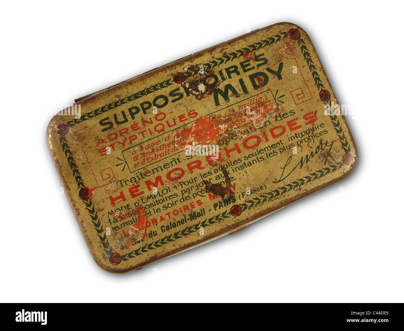 Old metal box of suppositories for the treatment of hemorrhoids Stock ...