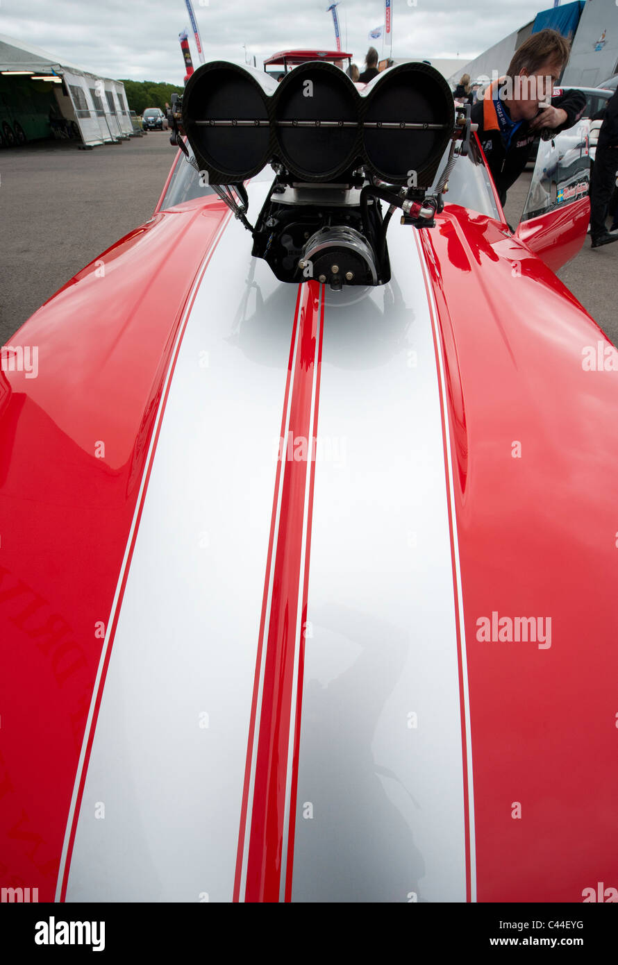 Close up, wide angle view of dragster bonnet showing supercharger air ...