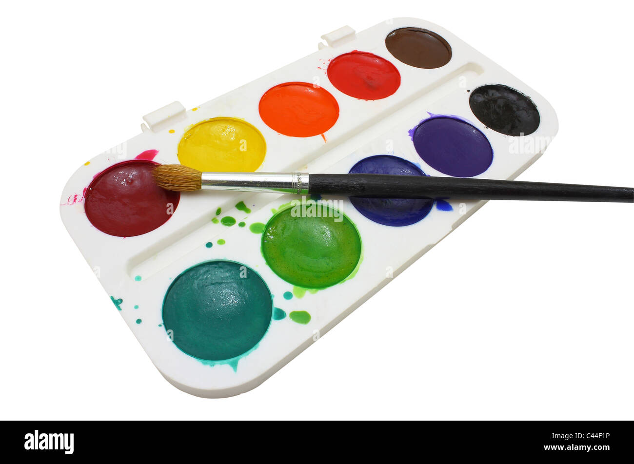 Dirty watercolor paints set with brushes after using Stock Photo - Alamy