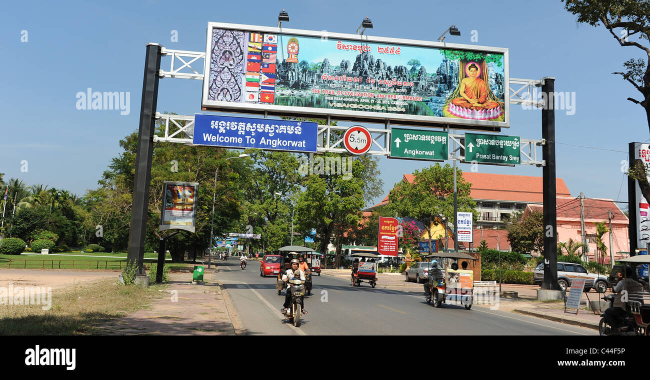 Colorful signs to Angkorwat displayed high up over the road in Siem ...