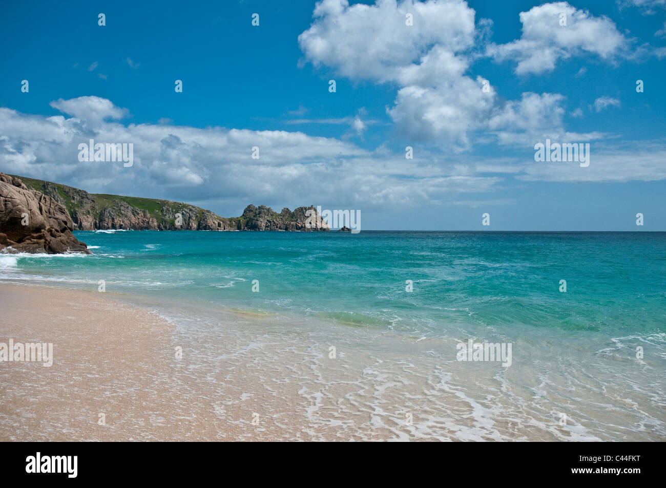 Waves on the beach Porthcurno looking onto Atlantic Ocean Cornwall ...