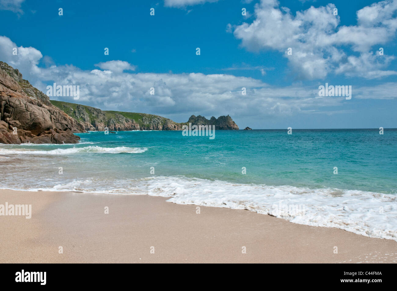 Waves on the beach Porthcurno looking onto Atlantic Ocean Cornwall ...
