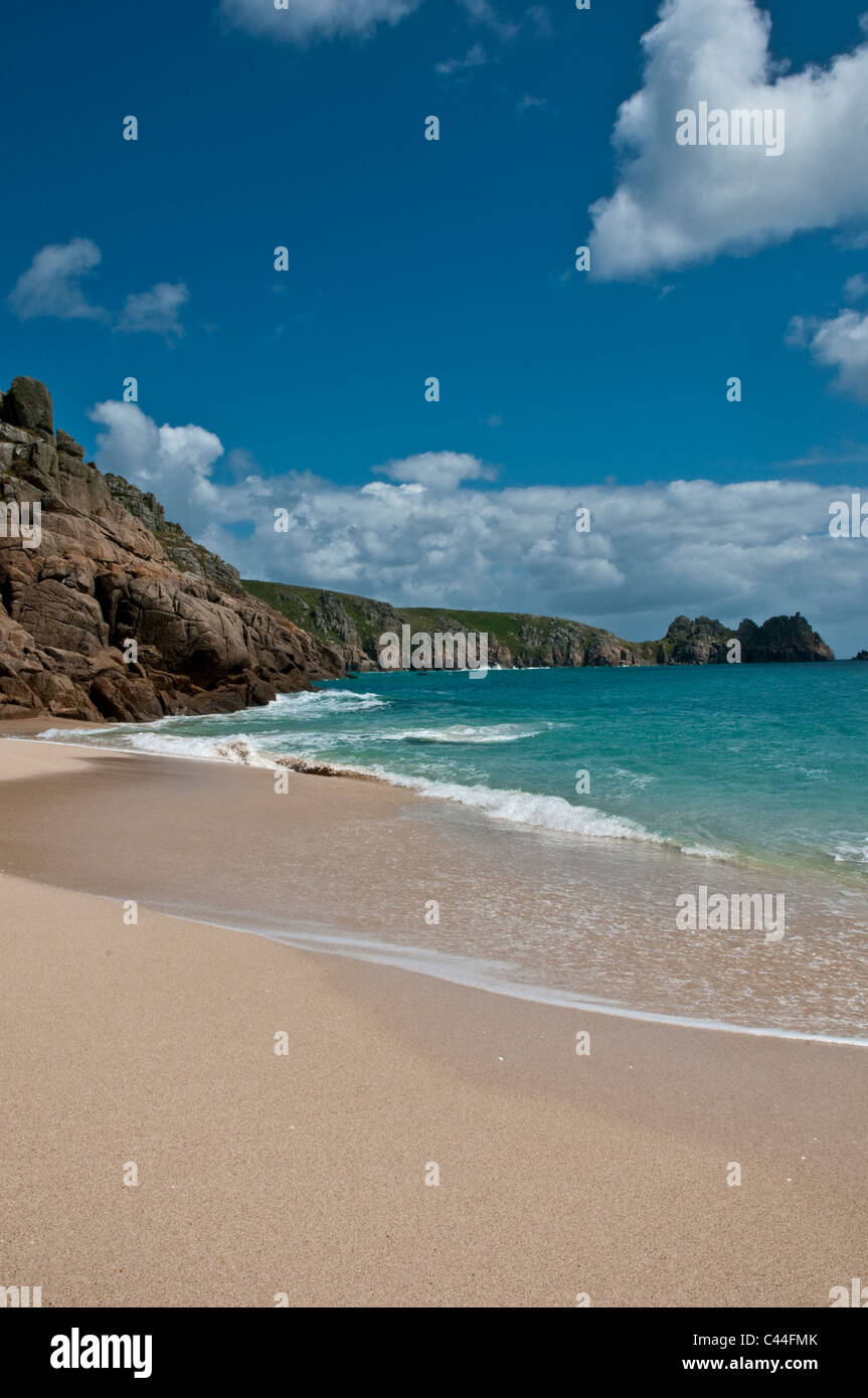 Waves on the beach Porthcurno looking onto Atlantic Ocean Cornwall ...