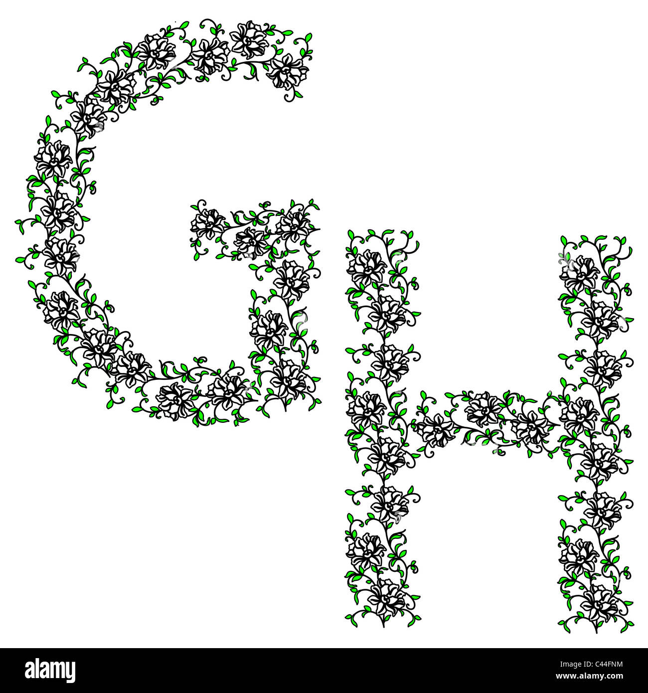 Hand drawing ornamental alphabet. Letter GH Stock Photo - Alamy