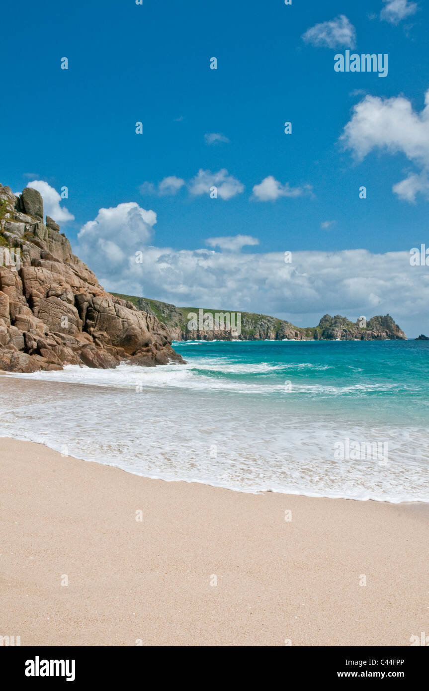 Waves on the beach Porthcurno looking onto Atlantic Ocean Cornwall ...