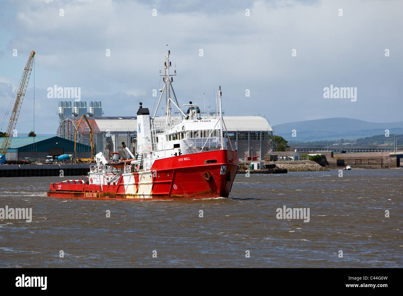 oil industry support vessel sailing from Montrose Harbour. Scotland UK ...