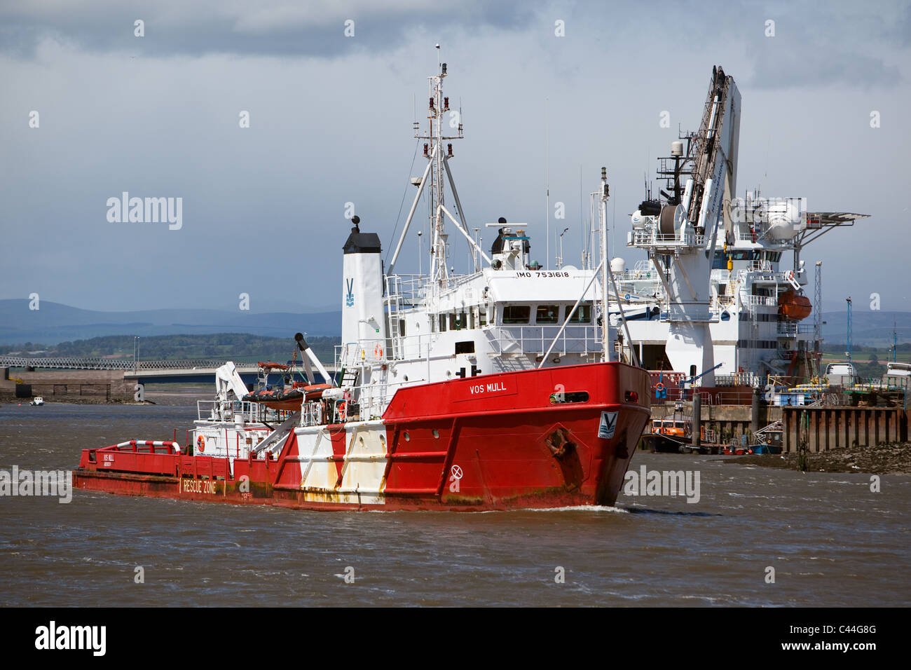 oil industry support vessel sailing from Montrose Harbour. Scotland UK ...
