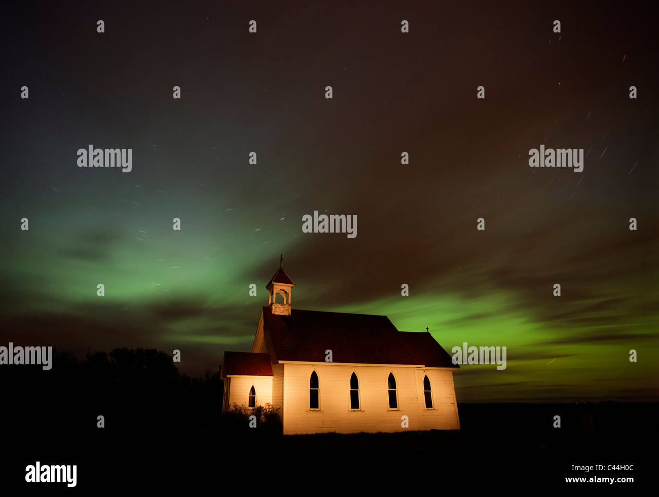 Country Church Night Photography with Northern Lights Stock Photo - Alamy