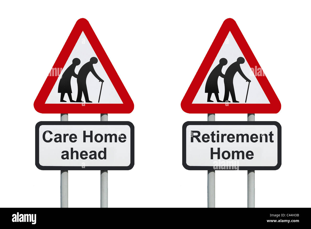 Care Home, retirement warning roadsign isolated on a white background ...