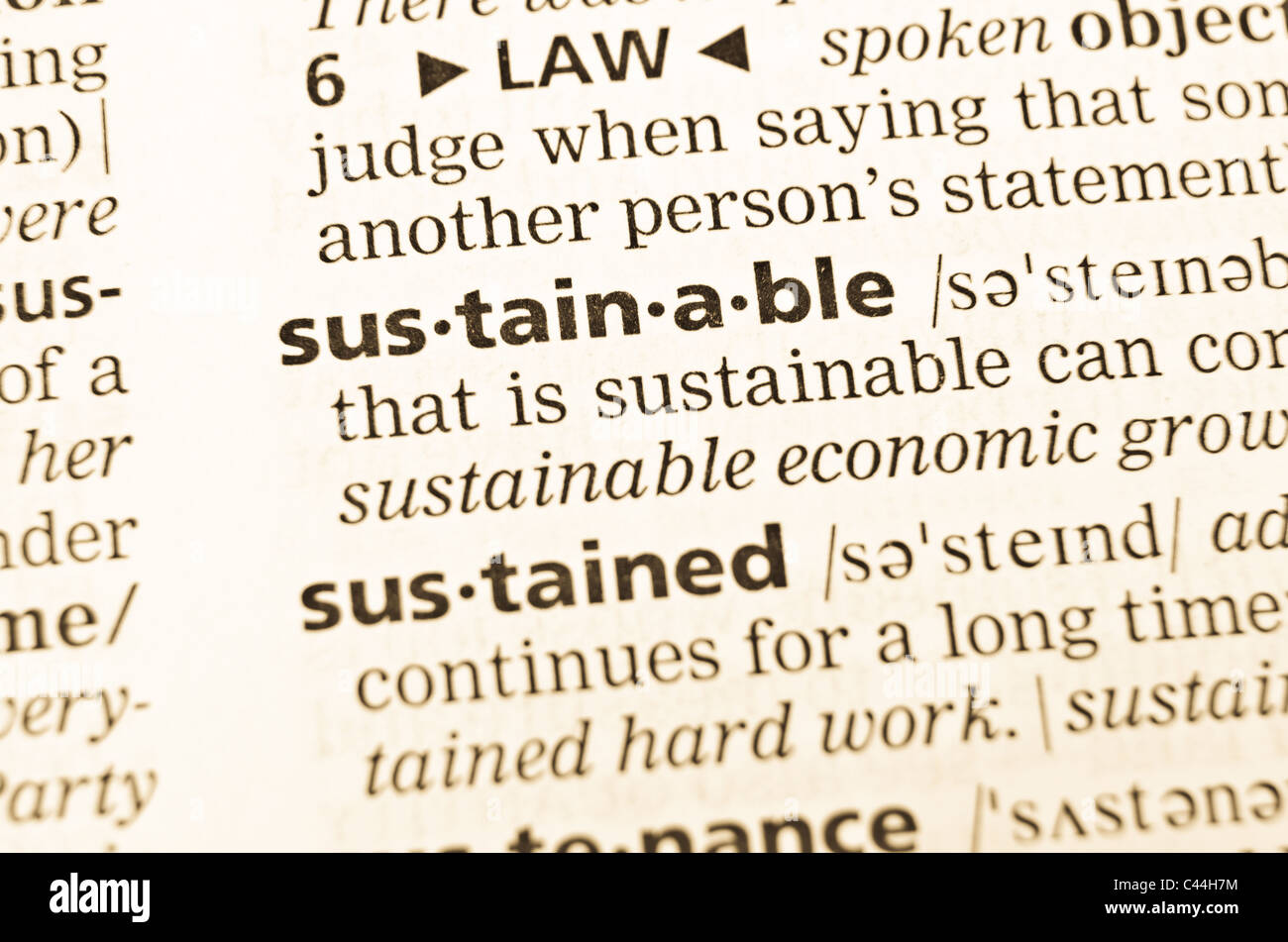 The word sustainable in the old dictionary. Selective focus effect ...