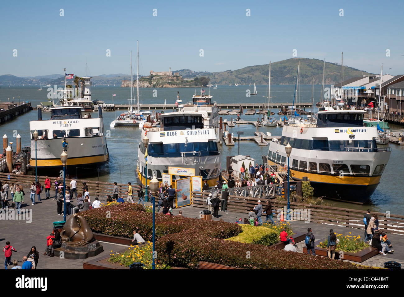 Blue and Gold Fleet Ferries at Fishermans Wharf, San Francisco with ...