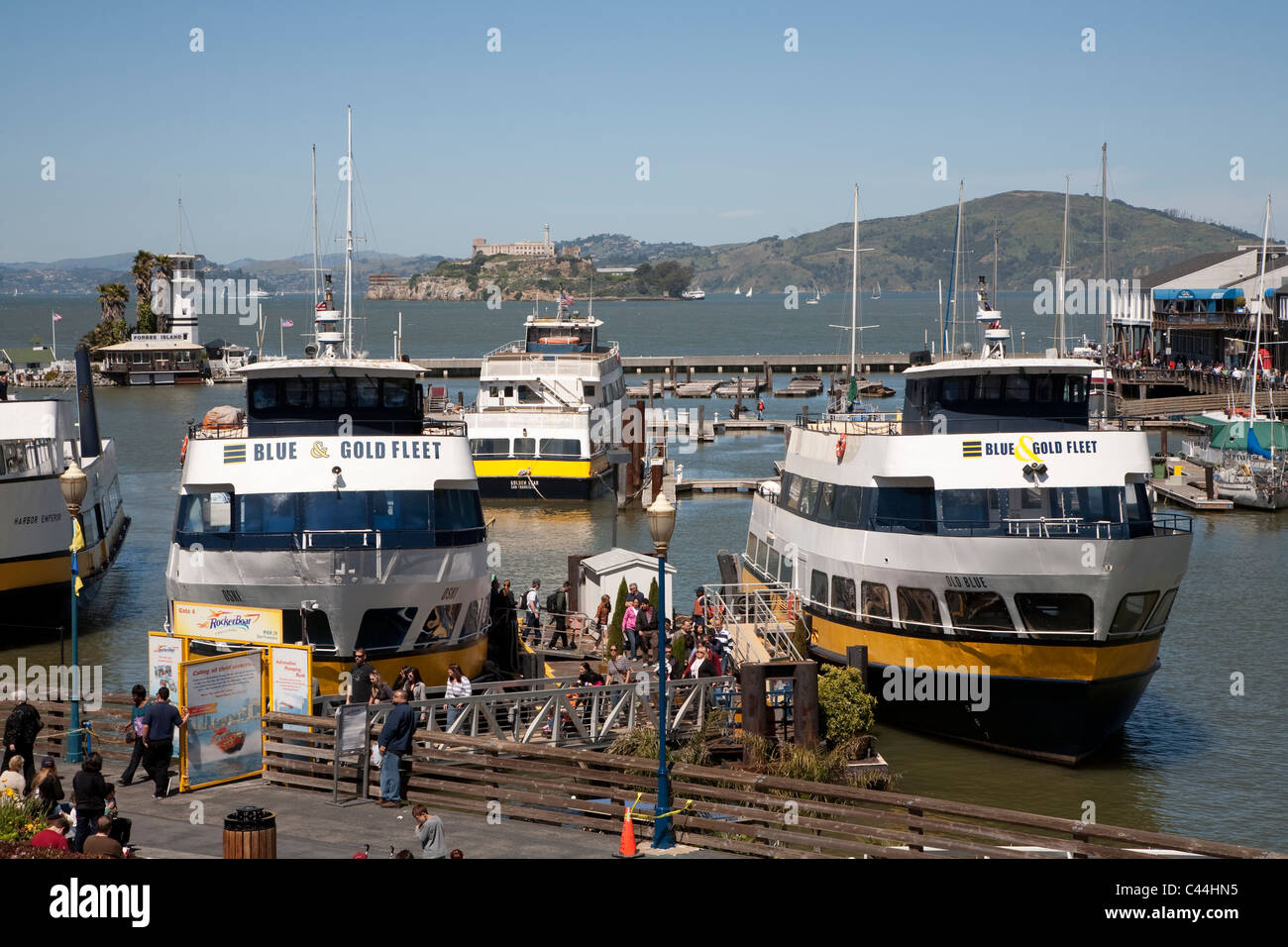 Blue and Gold Fleet Ferries at Fishermans Wharf, San Francisco with ...