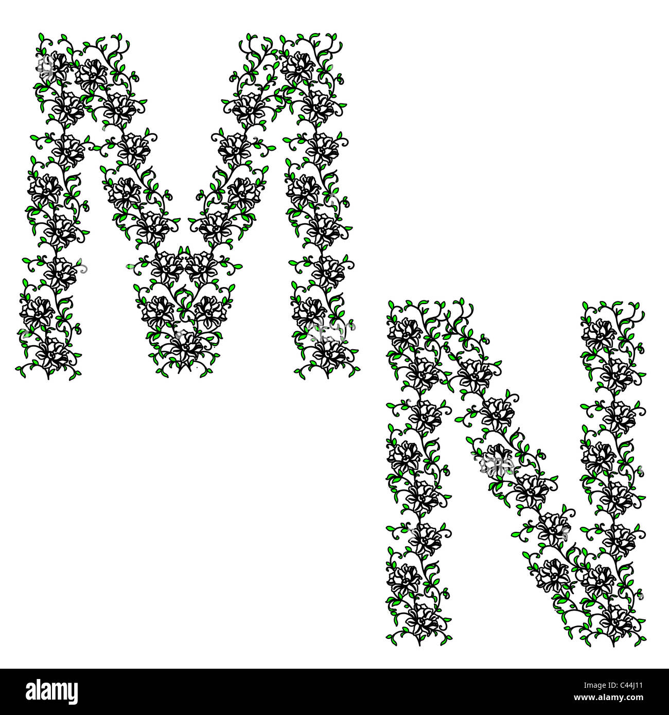 Hand drawing ornamental alphabet. Letter MN Stock Photo - Alamy