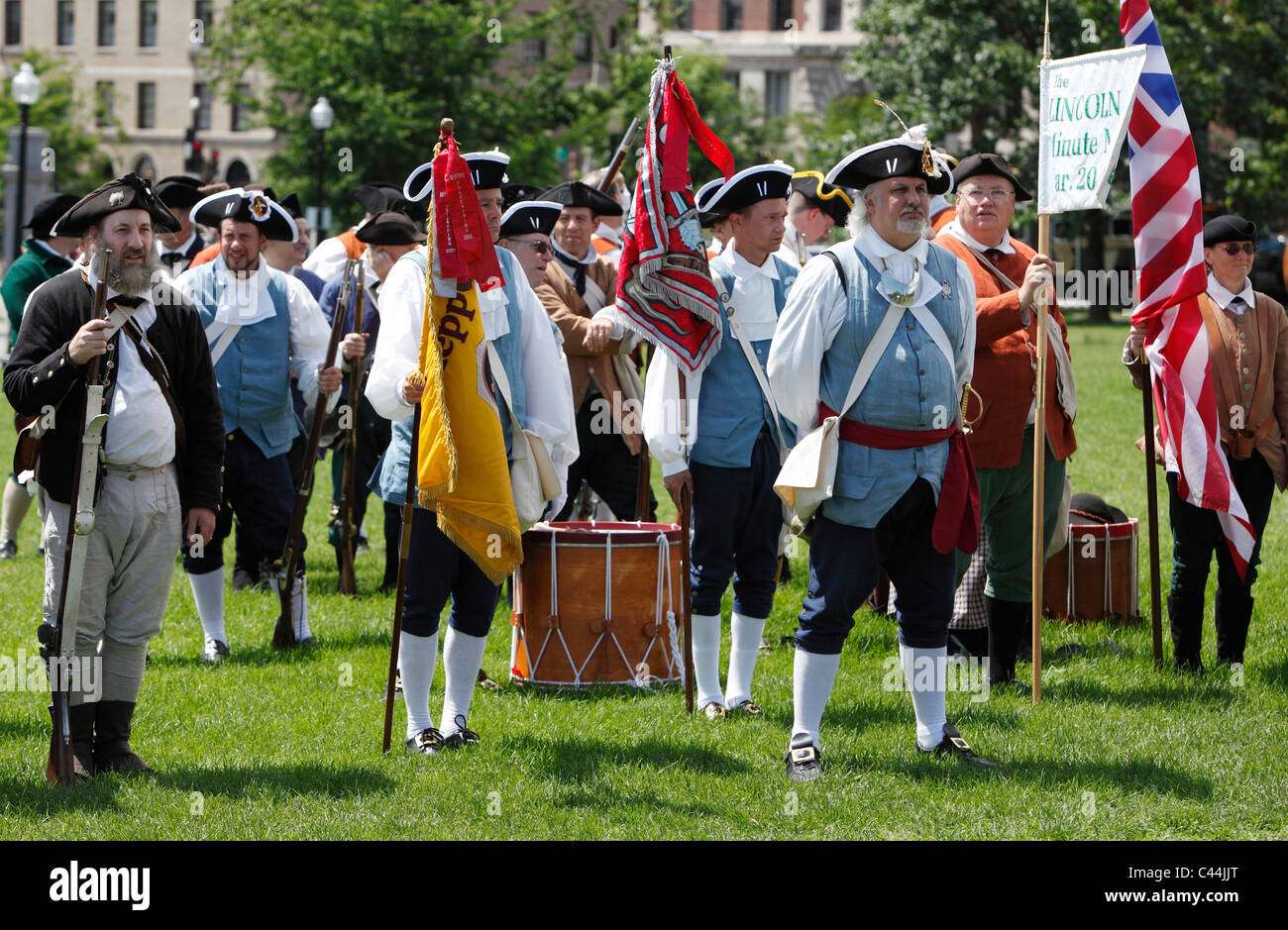 Revolutionary war era military reenactors in formation on Boston Common ...