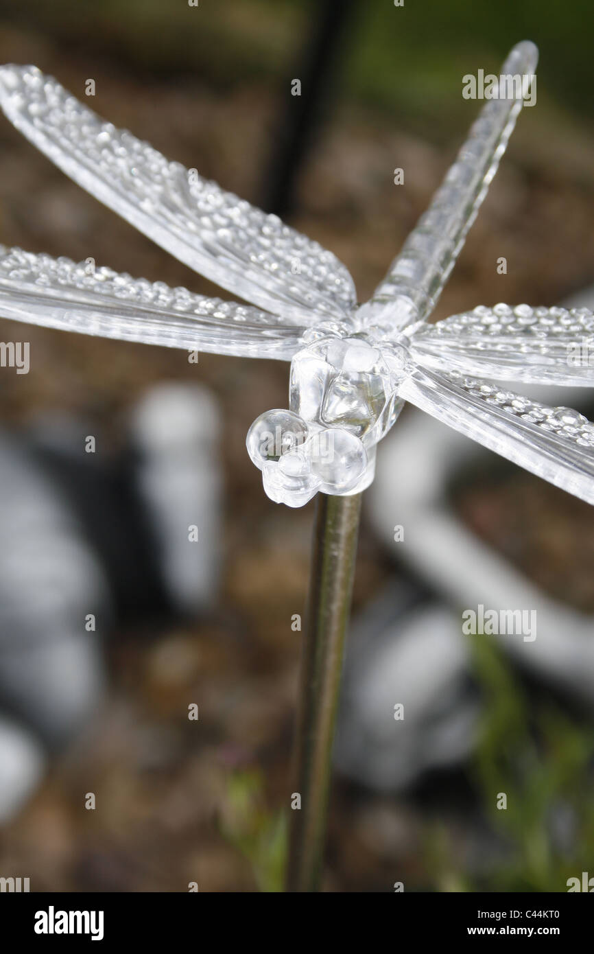 plastic dragonfly ornament in garden. Worksop, Notts, England Stock ...