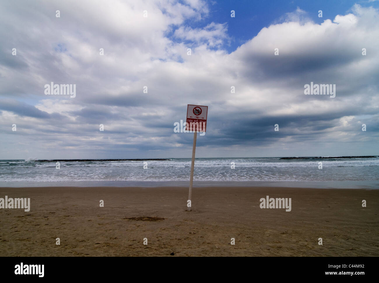Danger - no swimming - rough sea sign on the beach in Tel Aviv Stock ...