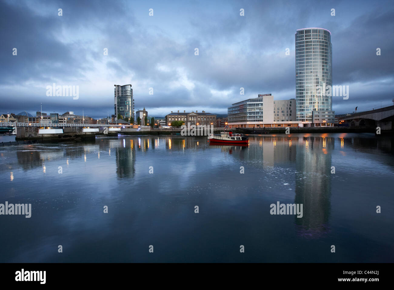 the boat obel tower river lagan weir and laganside waterfront in the ...