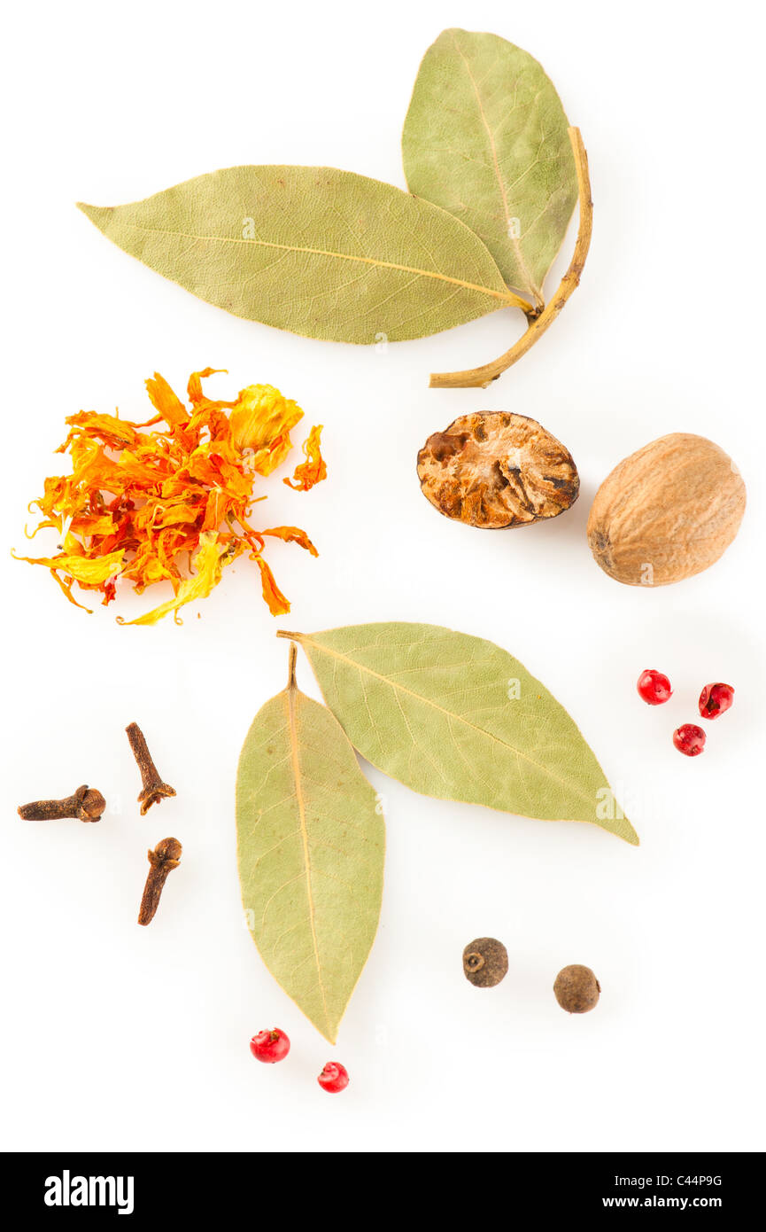 Spices. Mix of different dry herbs: pepper balls, saffron, laurel ...