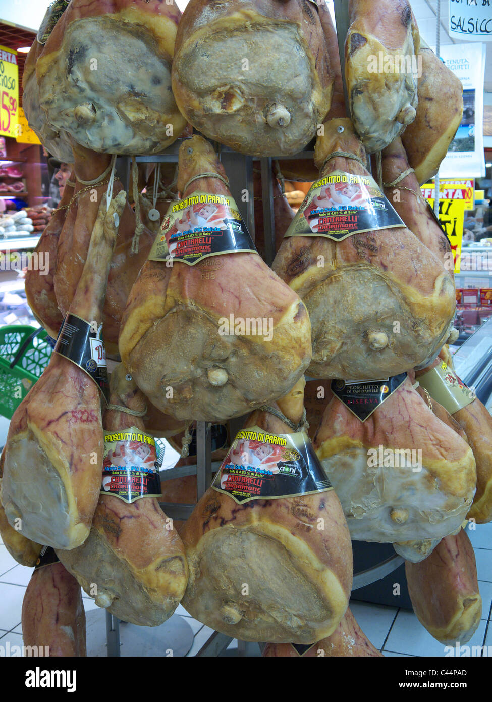 Traditional Air Dried Parma Ham on the bone in Rome Supermarket Stock ...