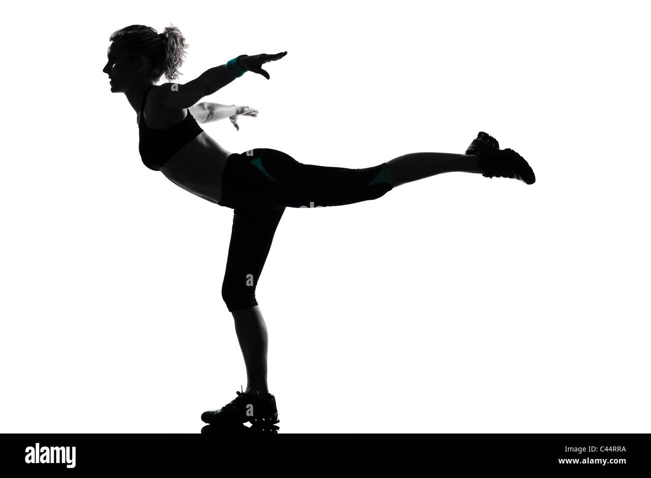 one woman exercising workout fitness aerobic exercise posture on studio ...