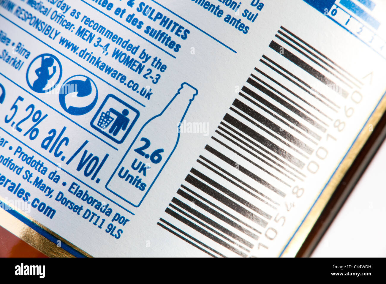 Food labelling on a bottle of beer, showing alcoholic content, units ...