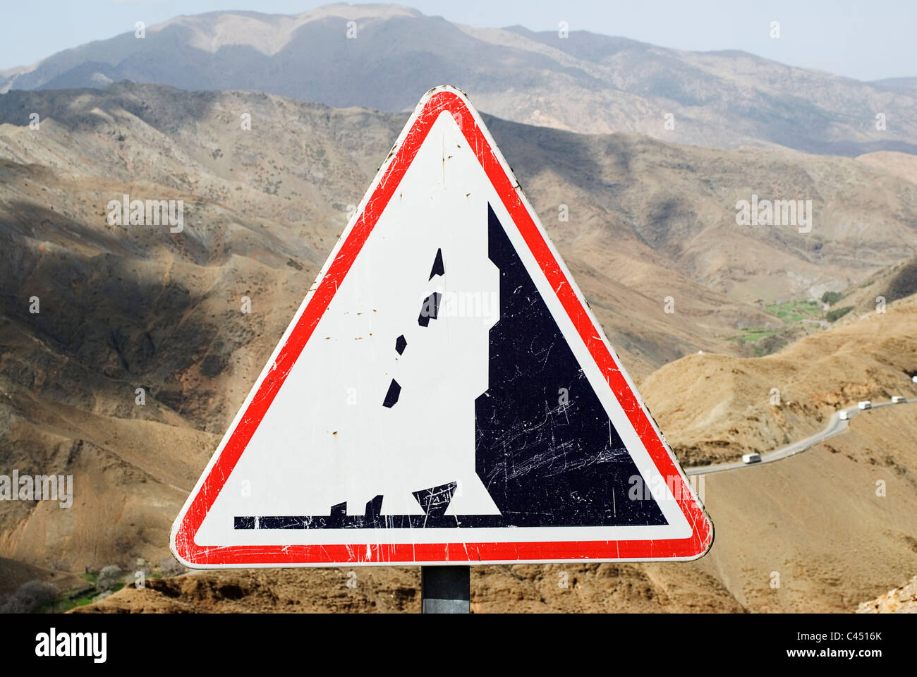 Morocco, Atlas Mountains, Tizi-n-Tichka Pass, road sign warning of ...