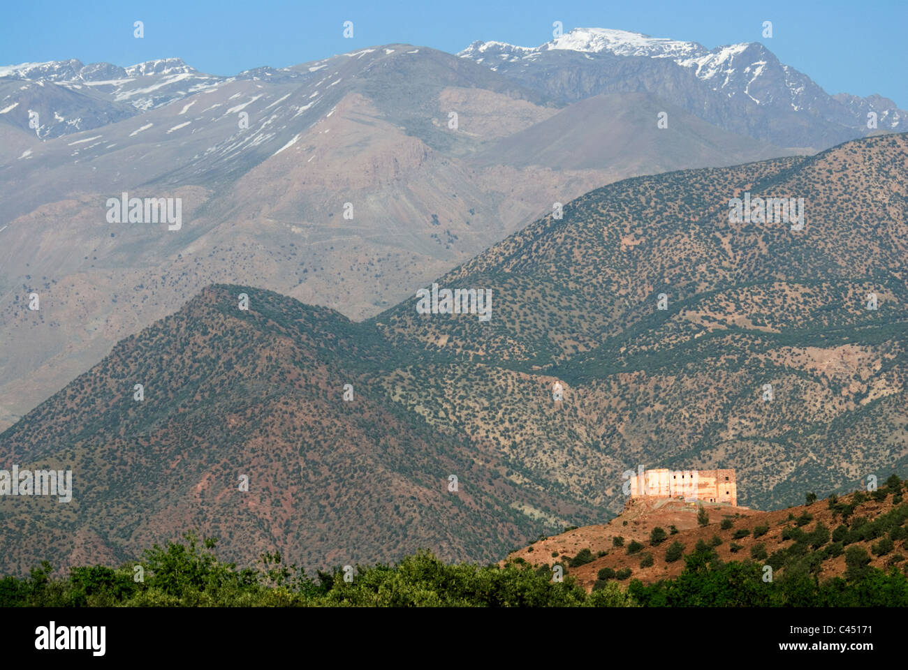 Morocco, Atlas Mountains, Tizi-n-Test Pass, view of Kasbah Tagoundaft ...