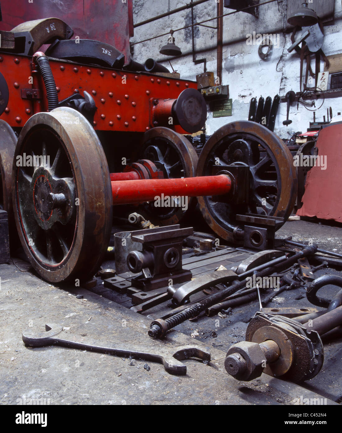 Pieces of a steam engine and tools in the engine shed at Tanfield ...