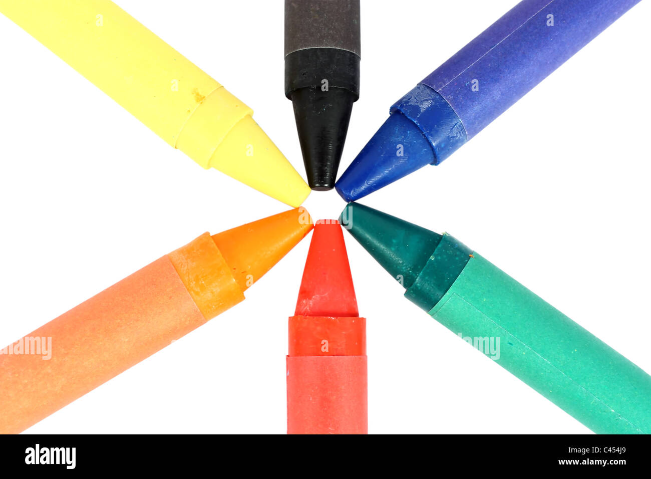 Six used colored wax crayon in a star isolated on white Stock Photo - Alamy