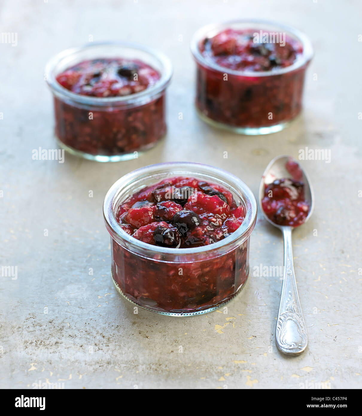 Blueberry and raspberry jam in glass ramekins, close-up Stock Photo - Alamy