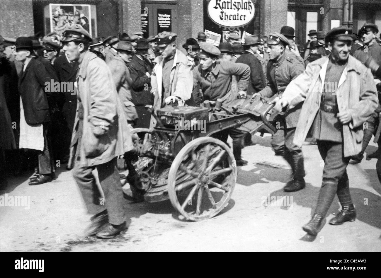Red Army members with a mortar dispenser in Munich, 1919 Stock Photo ...