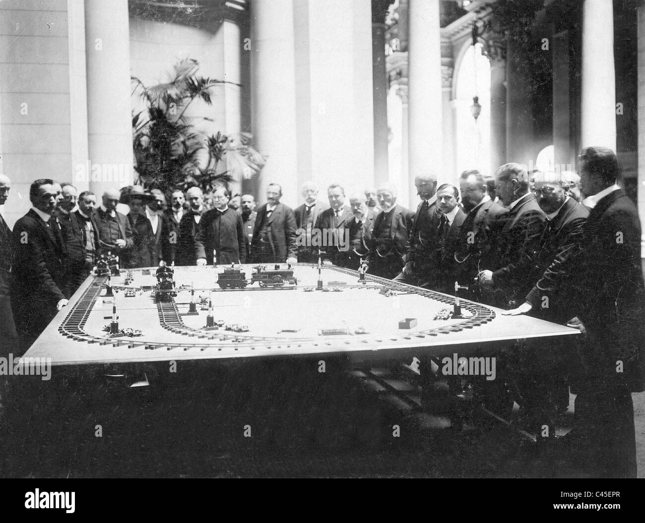 Members of Parliament with a railway model in the Reichstag, 1910 Stock ...
