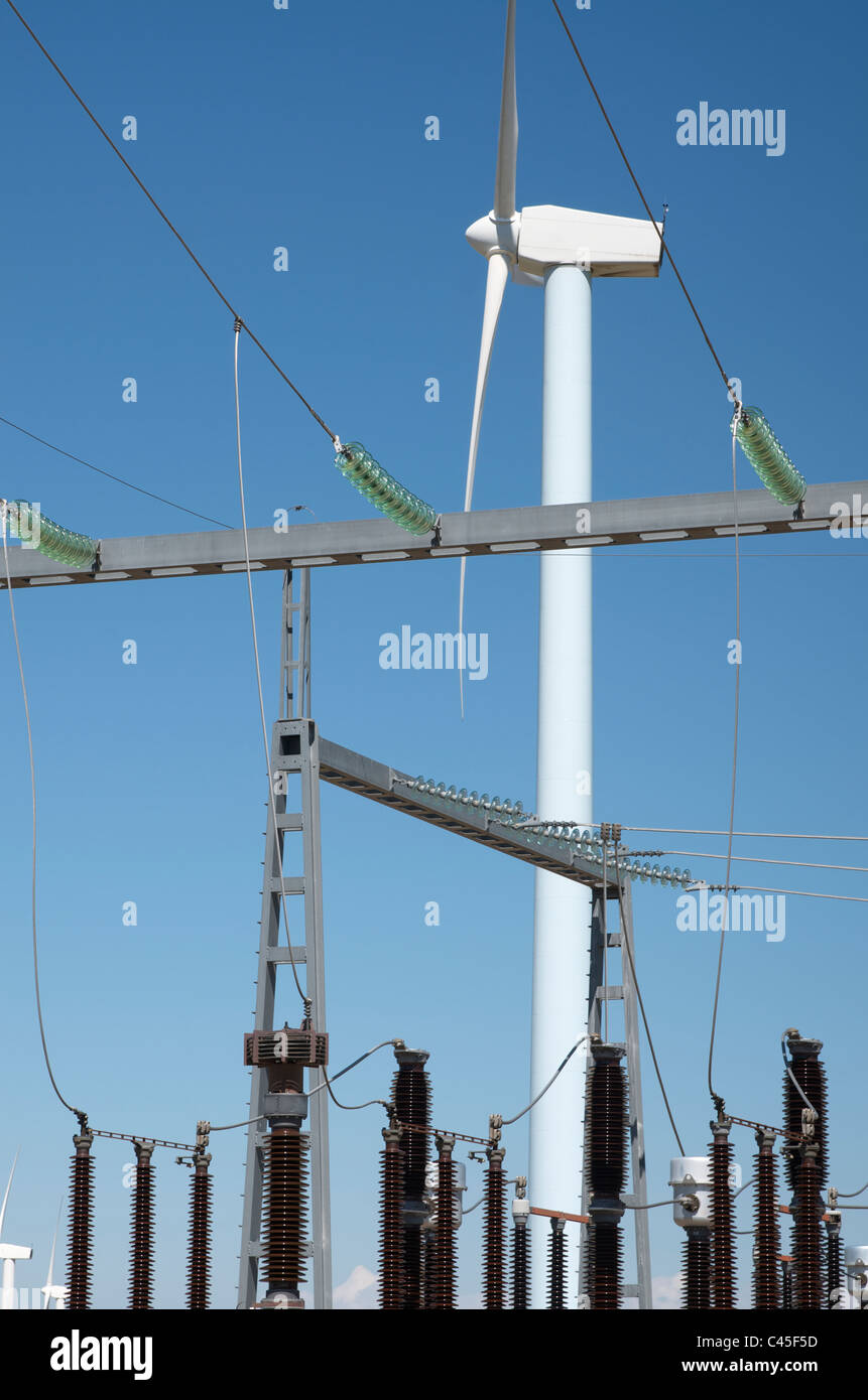 windmill for electric power production and electrical substation Stock ...