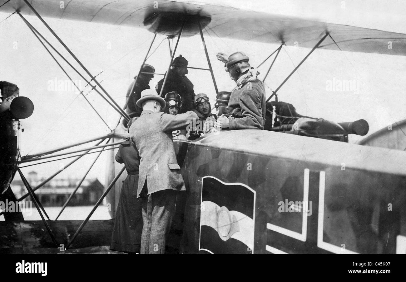 Pilots celebrate in an airplane, 1919 Stock Photo - Alamy