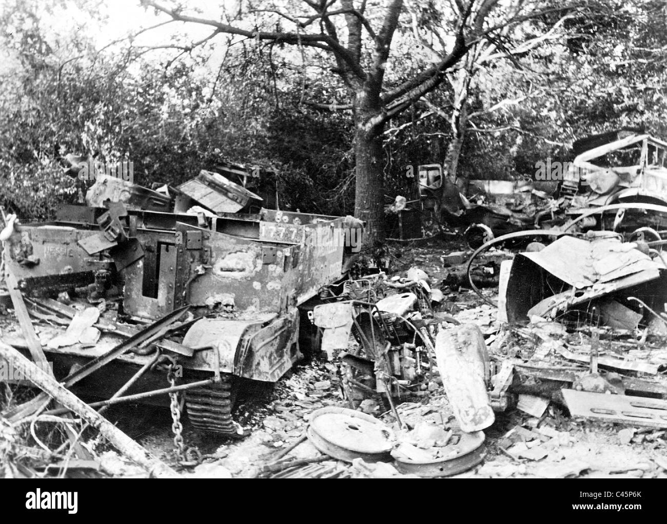 Broken allied ammunition vehicles on the Western Front, 1944 Stock ...