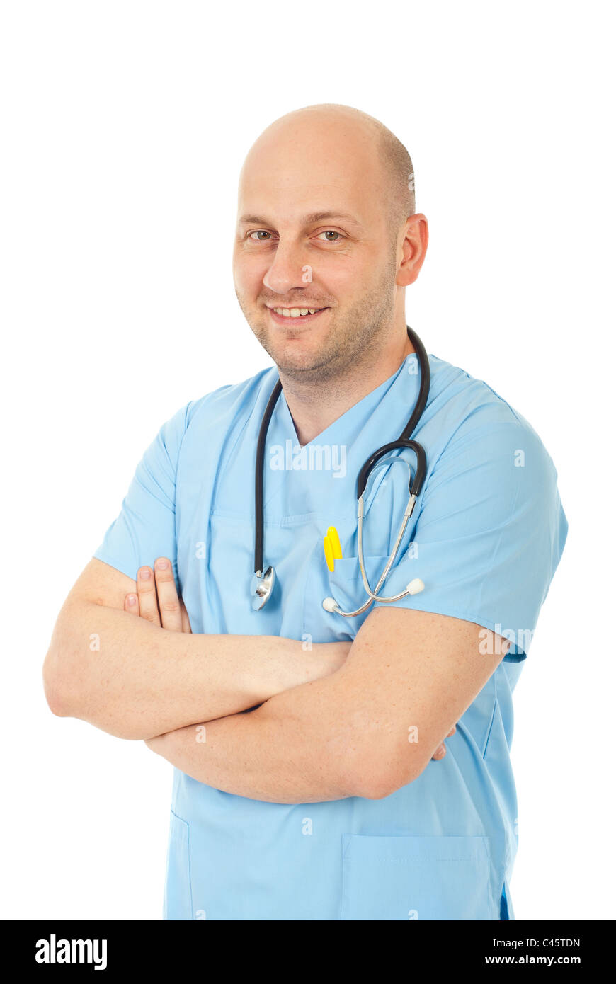 Laughing bald doctor man standing with hands crossed isolated on white ...