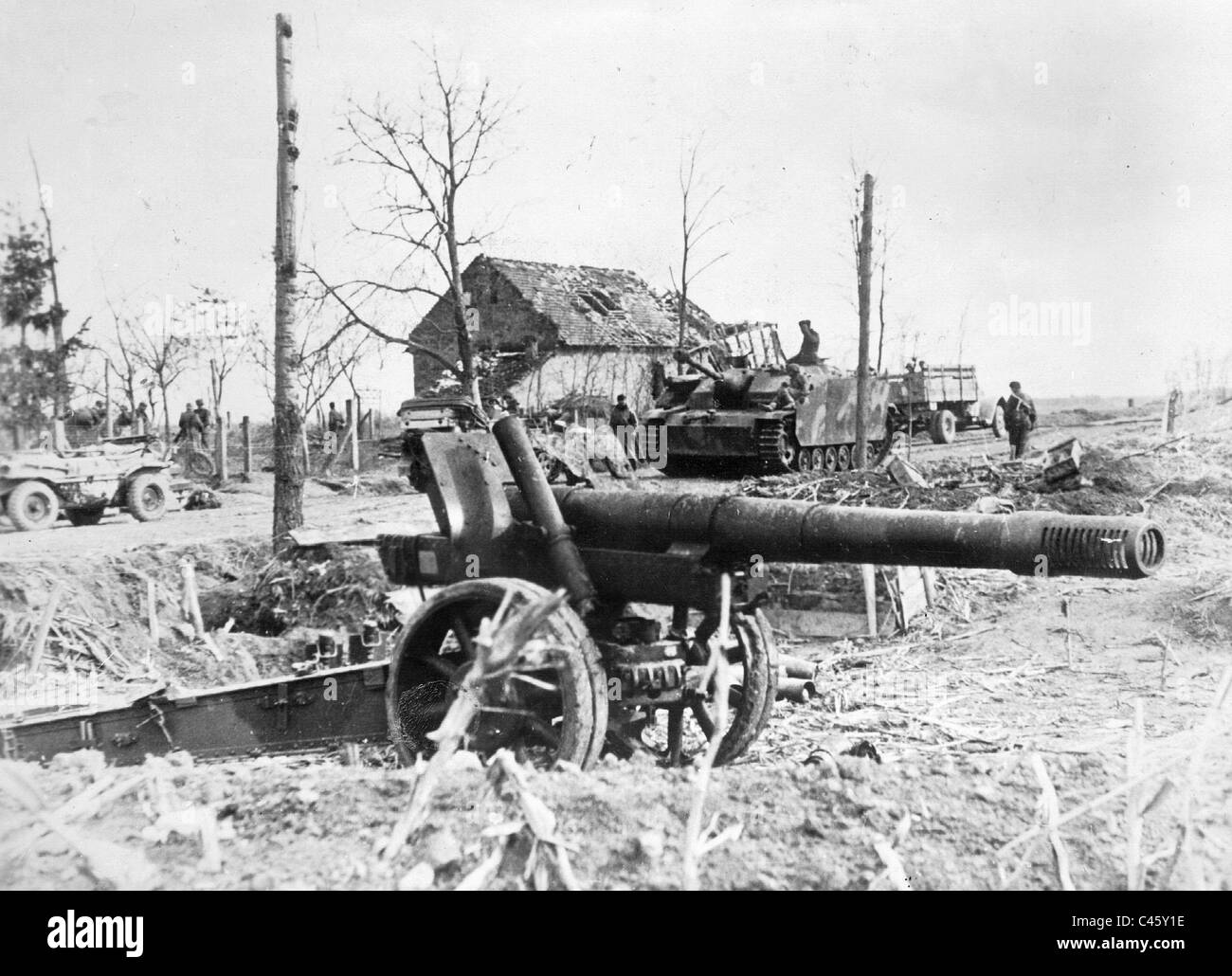 German tanks behind a destroyed Russian weapon in Hungary, 1945 Stock ...
