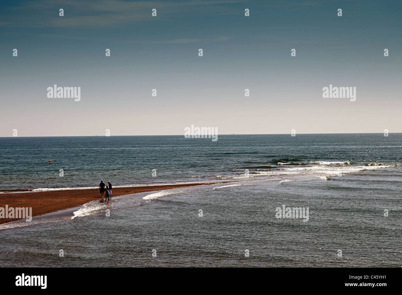 Family walking on the sand bar on the beach at Teignmouth, Devon ...