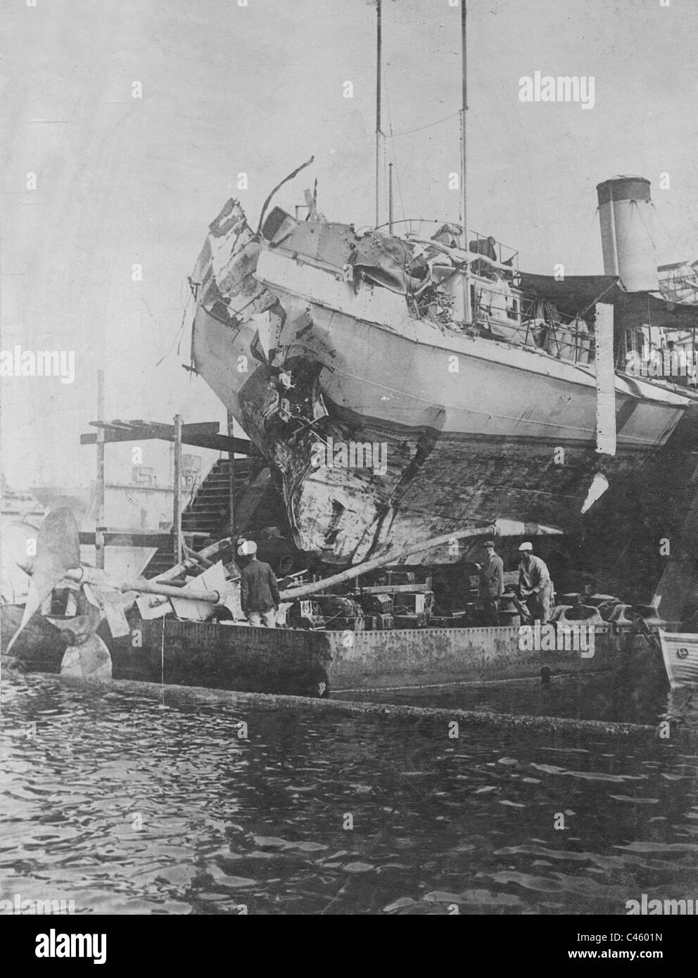 A ship of the Austro-Hungarian navy after being hit by a torpedo during ...