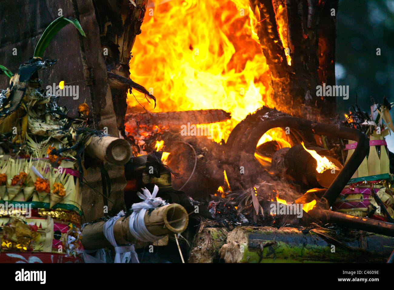 A Hindu style CREMATION where the dead body is burned inside a wooden ...