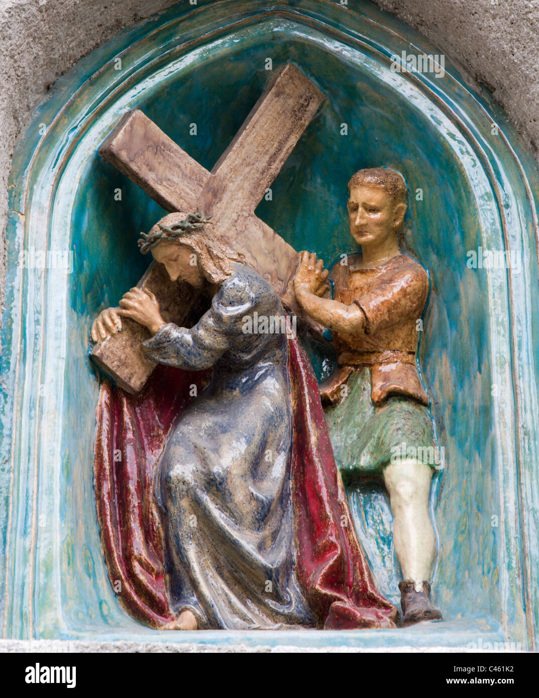 Jesus under cross - Mariazell ceramic cross-way Stock Photo - Alamy