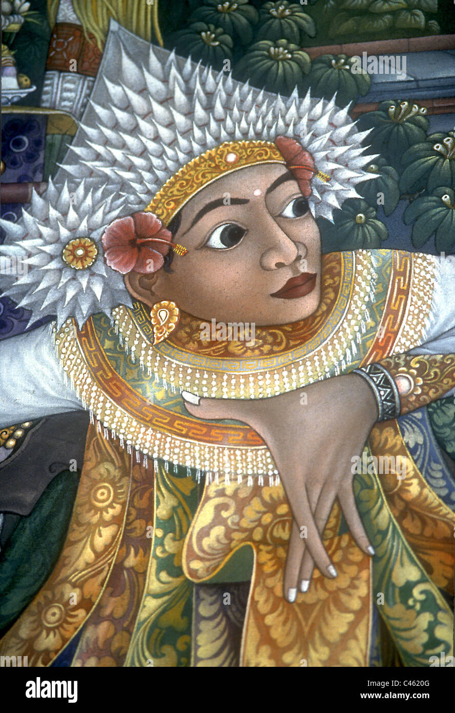 Detail from a large Balinese painting of a young male traditional ...
