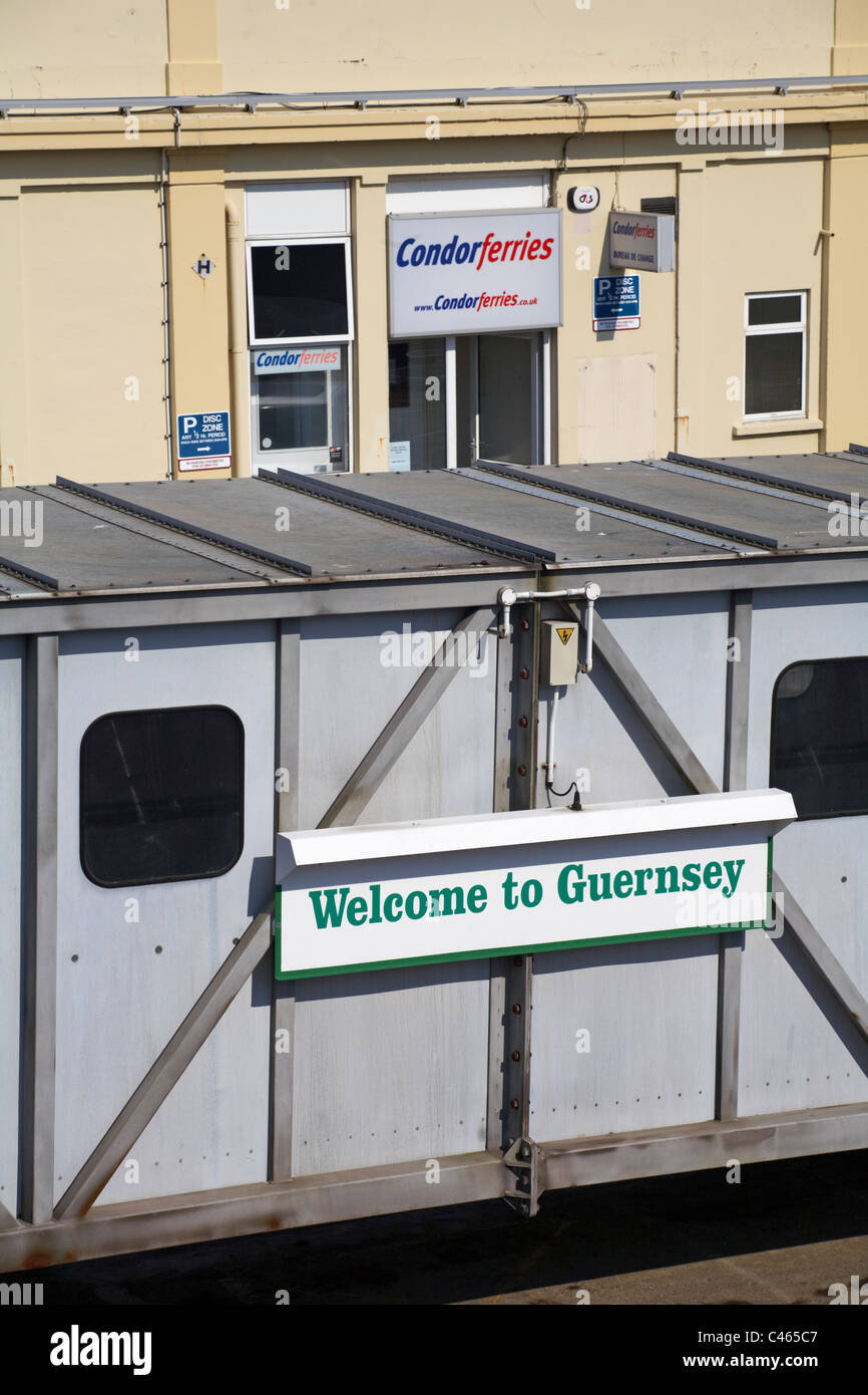 Welcome to Guernsey on ferry gangway outside Condorferries offices at ...